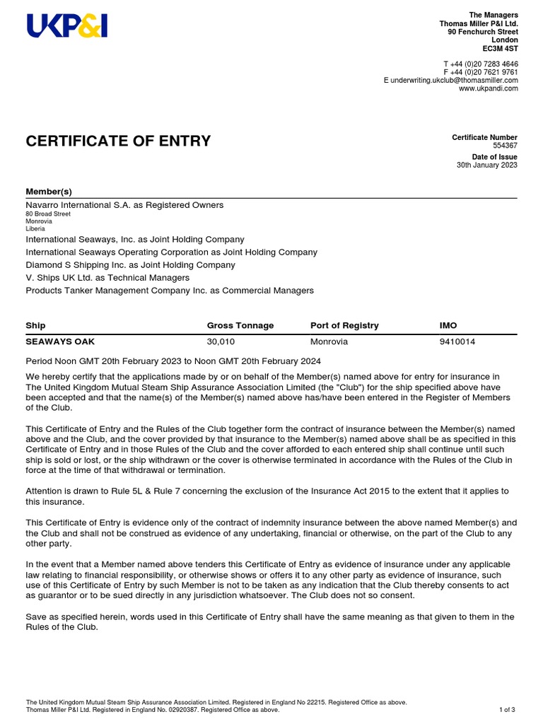 UKP&I Certificate of Entry CoE 2023-2024 - Unlocked | PDF | Insurance ...