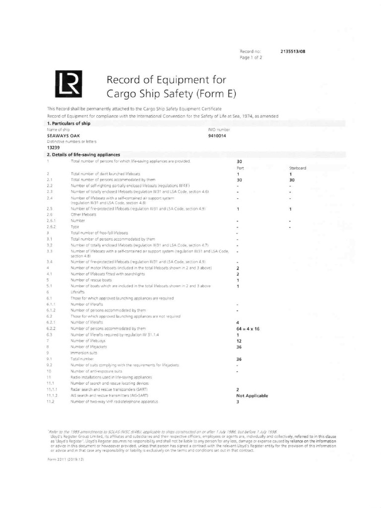 10a. Cargo Ship Safety Equipment Record (Form E) | PDF