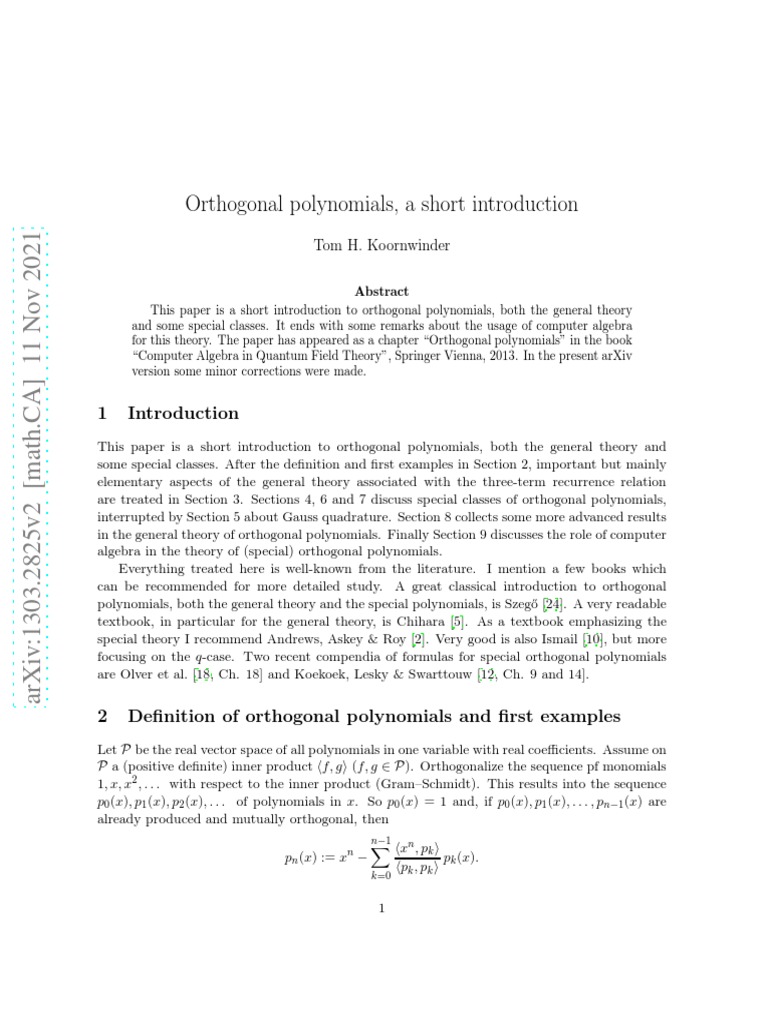 Orthogonal Polynomials, A Short Introduction: Tom H. Koornwinder | PDF