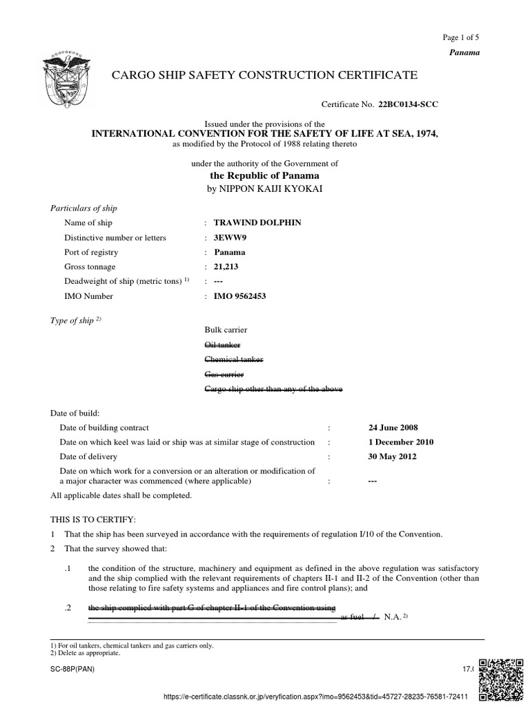 Cargo Ship Safety Certificate: Trawind Dolphin | PDF | Oil Tanker | Ships