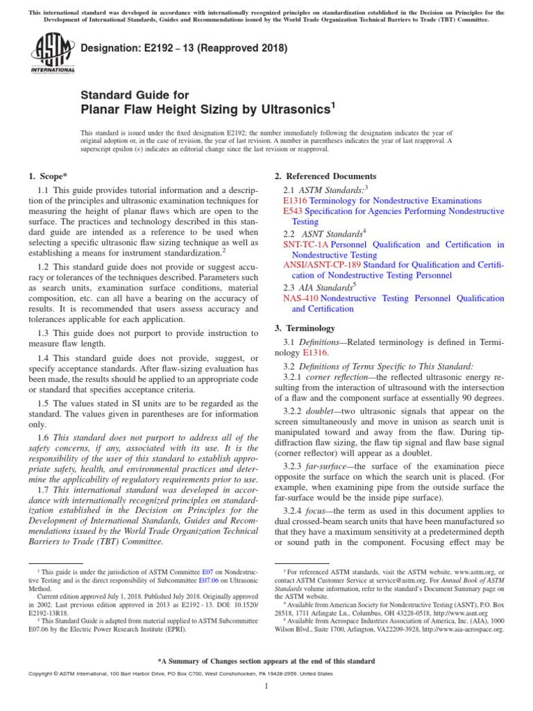 Astm E2192-13 (2018) | PDF | Nondestructive Testing | Reflection (Physics)