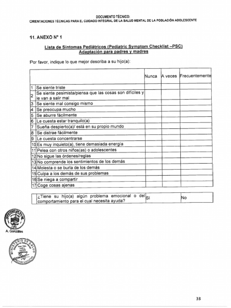 TAMIZAJE TAMIZAJE Lista de Verificación de Síntomas Pediátricos (PSC ...