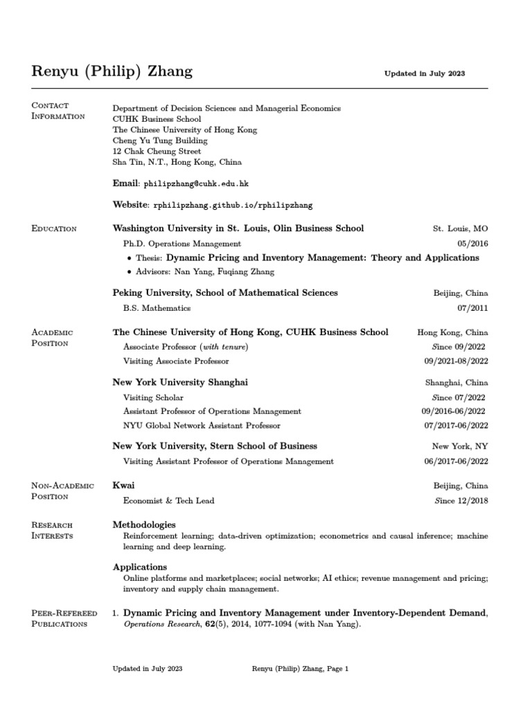 CV Philip Zhang | PDF | Computers