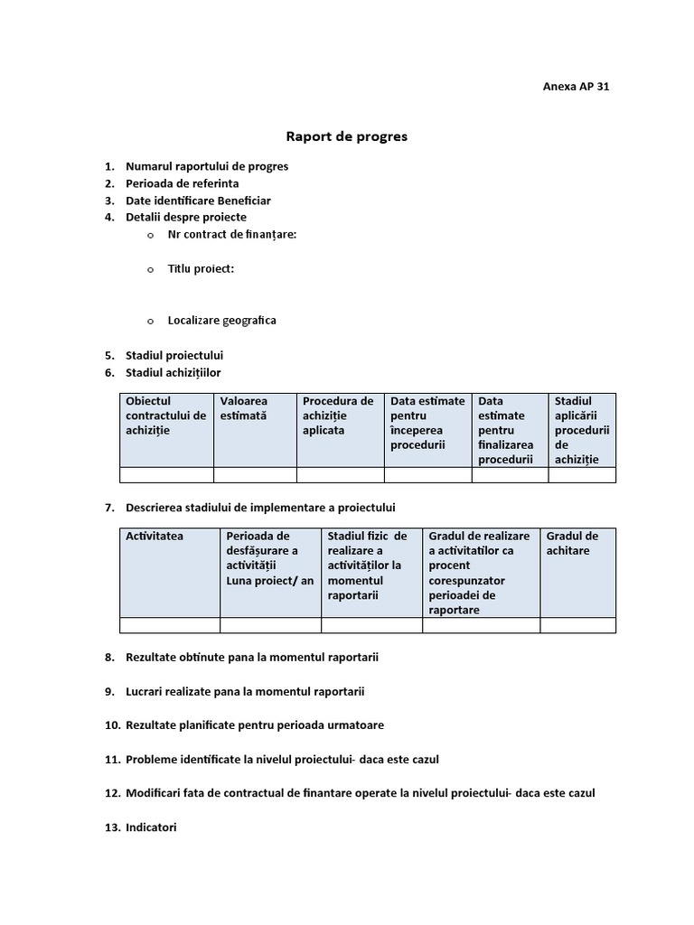 Anexa AP 31 Raport de progres | PDF