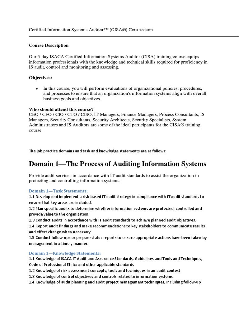 Domain 1 The Process of Auditing Information Systems | PDF