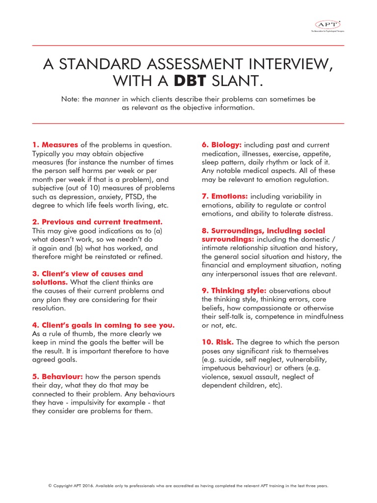 Assessment Interviewing DBT | PDF | Dialectical Behavior Therapy ...