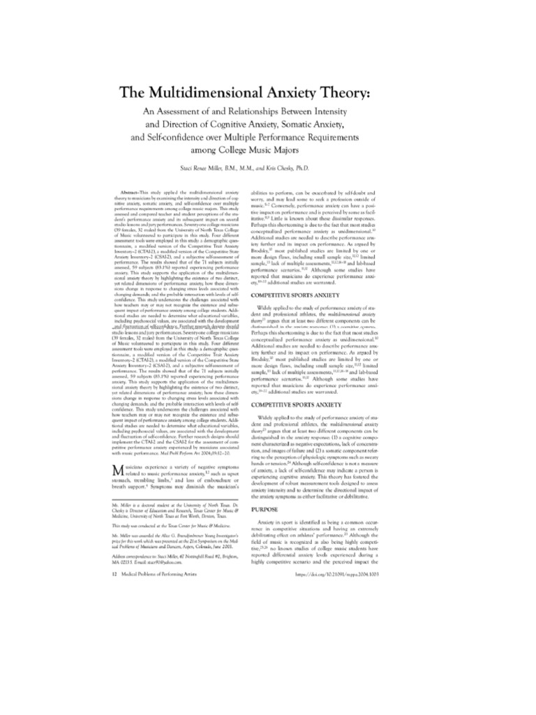 Multidimensional Anxiety Theory Miller & Chesky 2004 | PDF