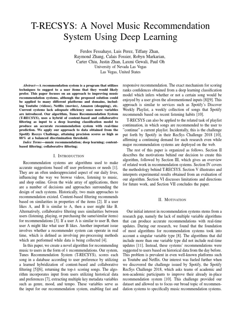 T-RECSYS: A Novel Music Recommendation System Using Deep Learning | PDF ...