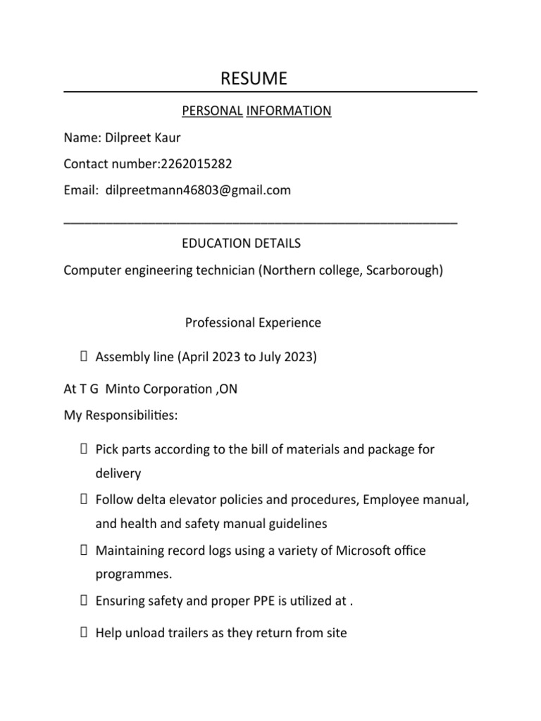 Clear Image of Dilpreet Kaur's Resume | PDF | Career & Growth