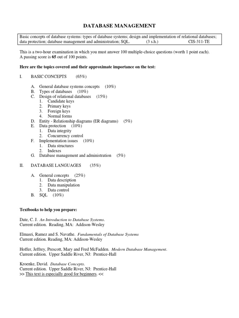Database Management Concepts and SQL Exam Prep | PDF | Sql | Databases