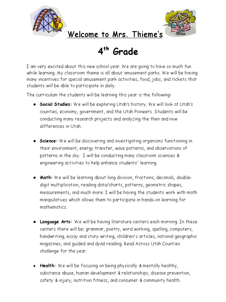 Welcome To The 4th Grade Letter Revised 2020 | PDF