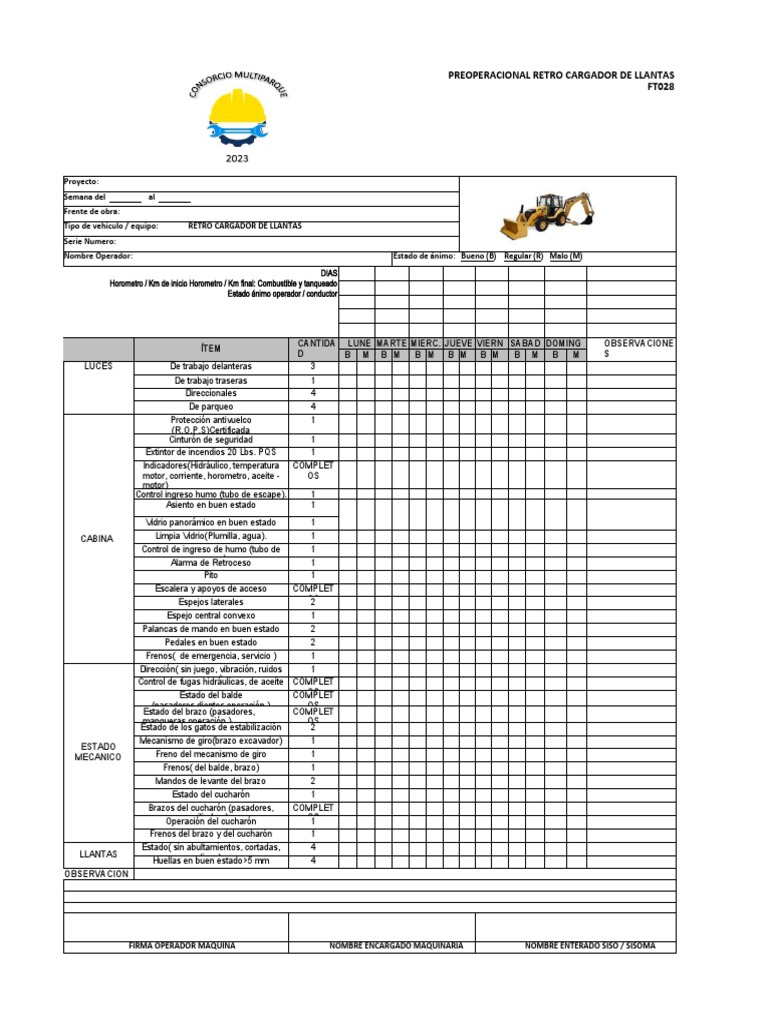 FT 028 Inspeccion Preoperacional Retrocargador de Llantas - E1 | PDF