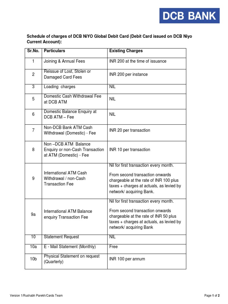 Schedule of Charges of DCB NiYO Global Debit Card Final Version | PDF