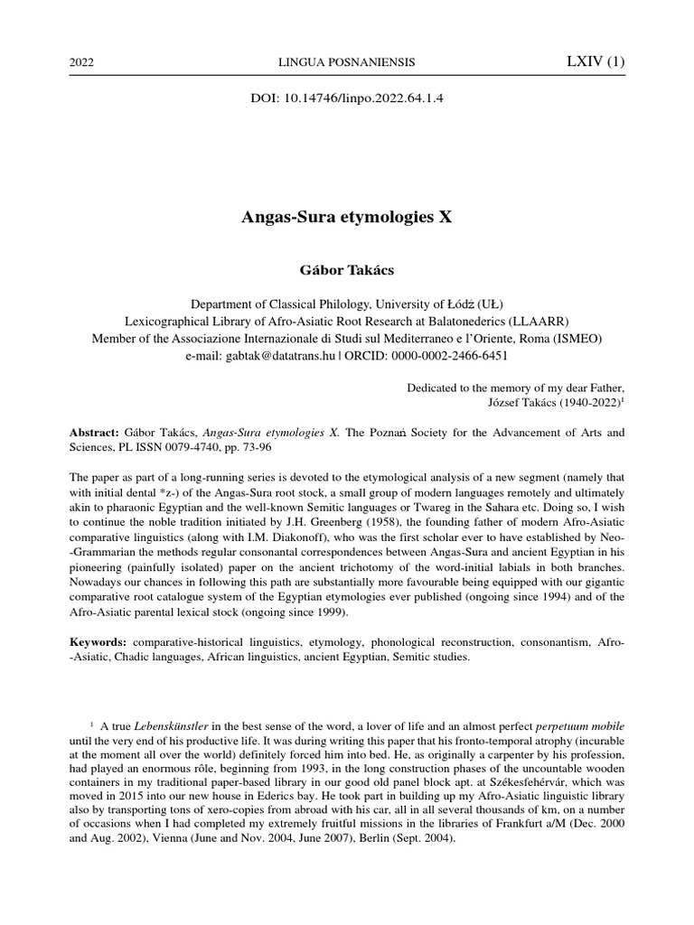 Gabor Takacs, Angas Sura Etymologies X | PDF