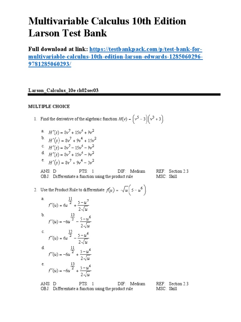 Multivariable Calculus 10th Edition Larson Test Bank 1 | PDF ...
