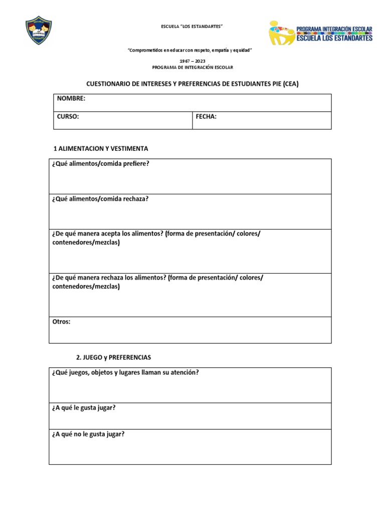 Cuestionario de Intereses y Preferencias de Estudiantes Pie | PDF