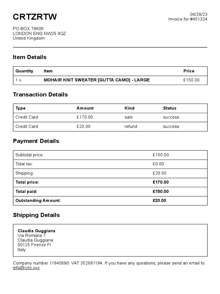 CRTZRTW Invoice #451324 Details | PDF