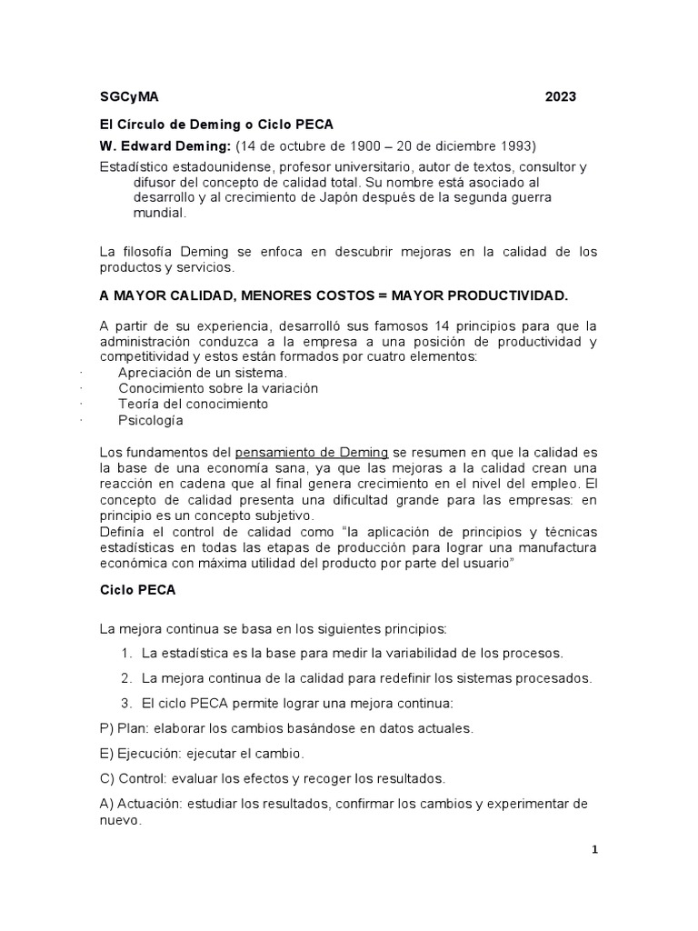 El Círculo de Deming o Ciclo Peca y 14 Principios | PDF | Business ...