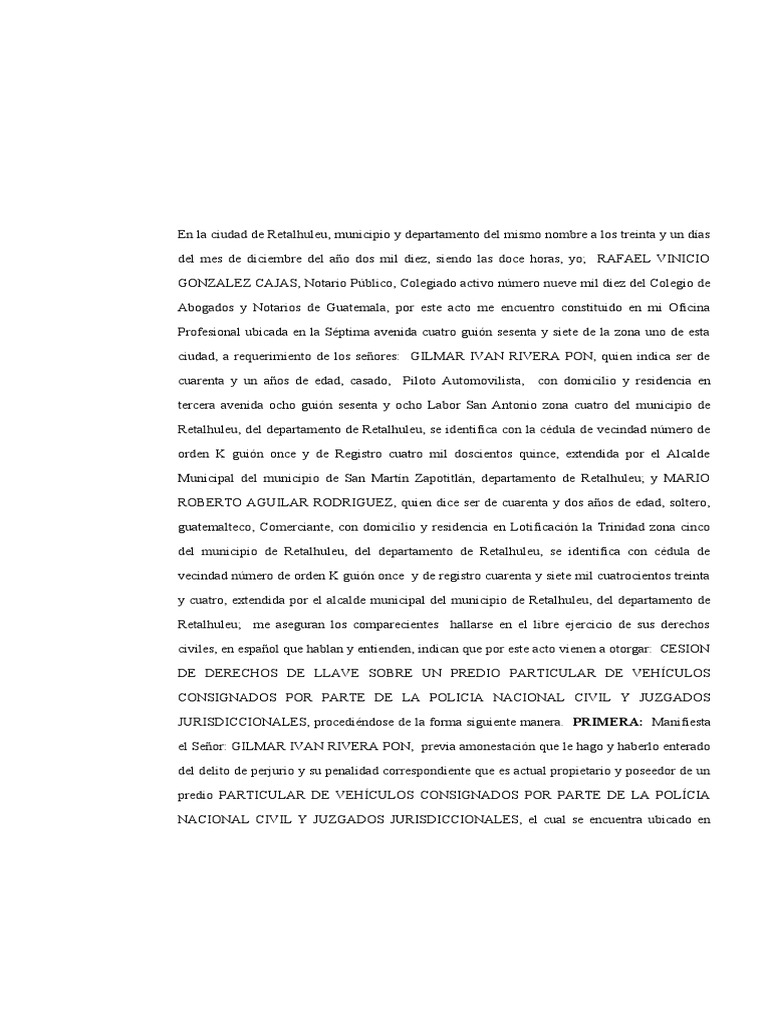 Acta de Cesión de Derechos de Llave Gilmar Rivera-Mario | PDF ...