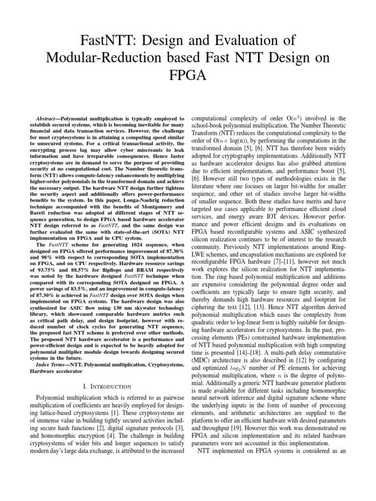 FastNTT: Design and Evaluation of Modular-Reduction Based Fast NTT Design On FPGA | PDF