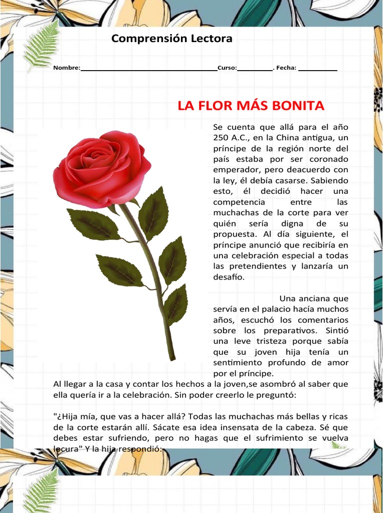 Comprensión Lectora La Flor Mas Bonita | PDF
