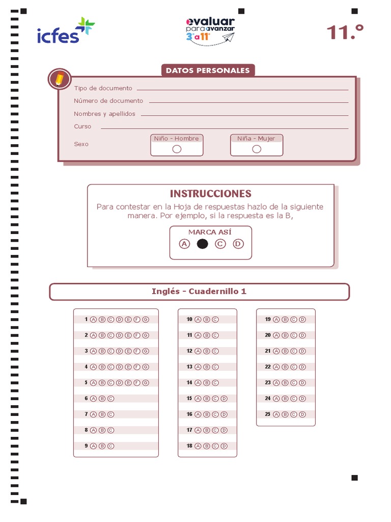 Hoja de Respuestas Cuadernillo-Ingles-11-1 | PDF