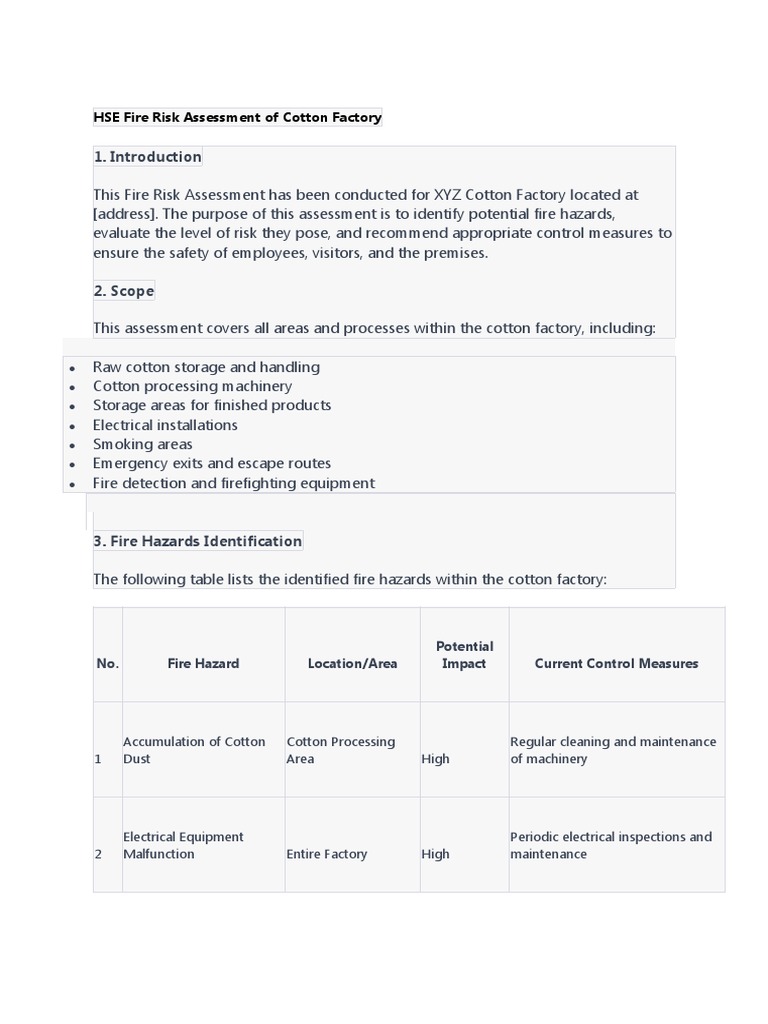 HSE Fire Risk Assessment of Cotton Factory Hseprof | PDF