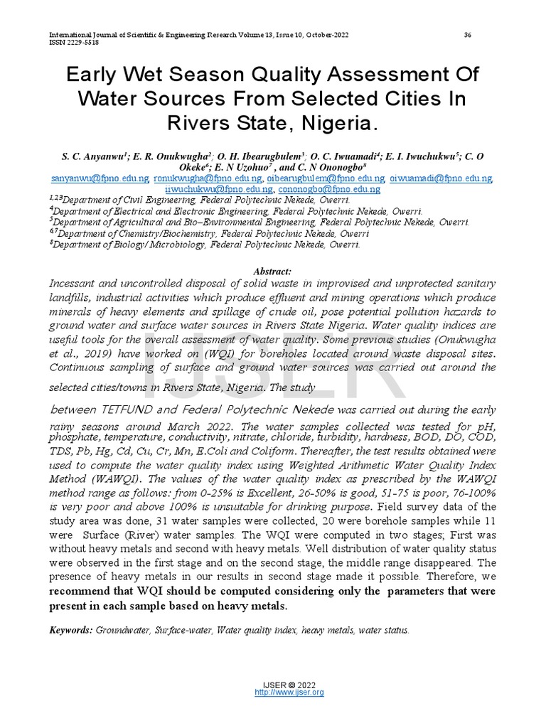 Early Wet Season Quality Assessment of Water Sources From Selected ...