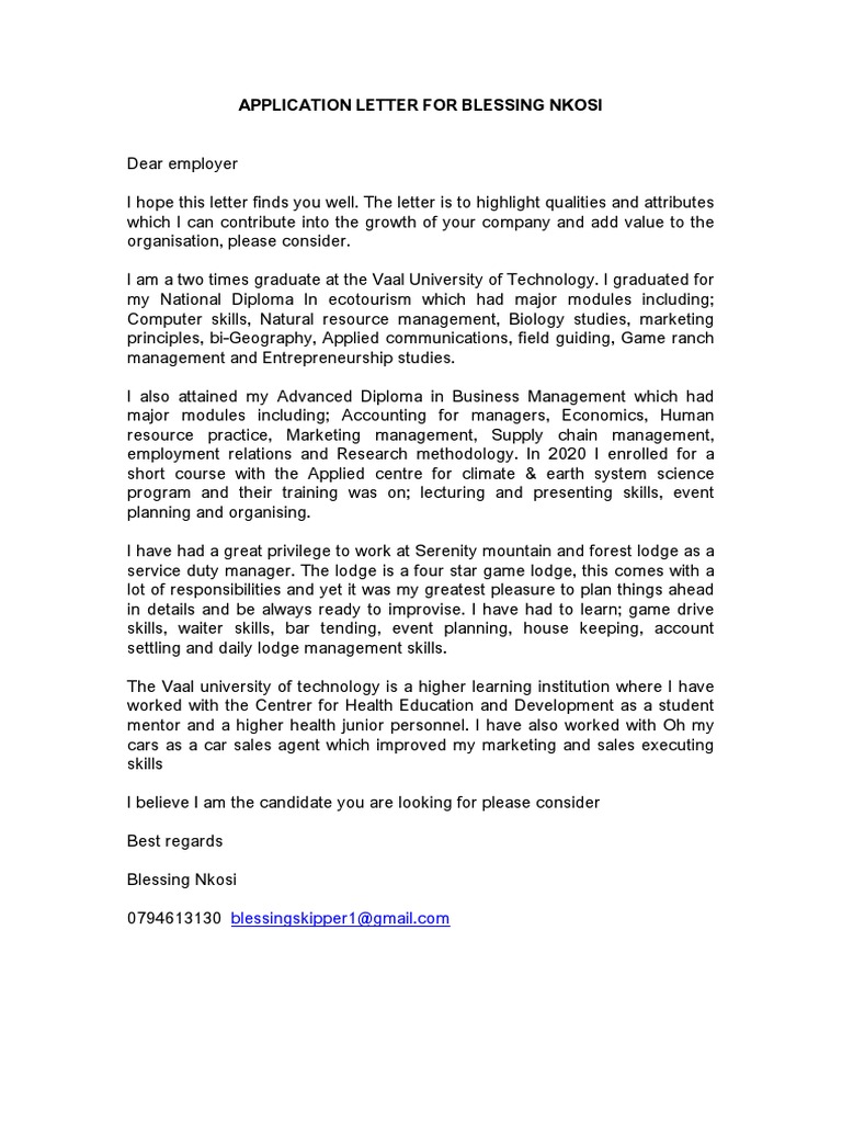 APPLICATION LETTER FOR BLESSING NKOSI | PDF