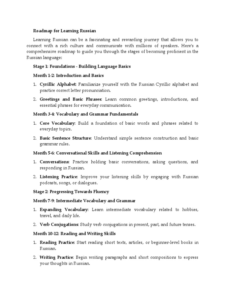Roadmap For Learning Russian | PDF | Russian Language | Fluency