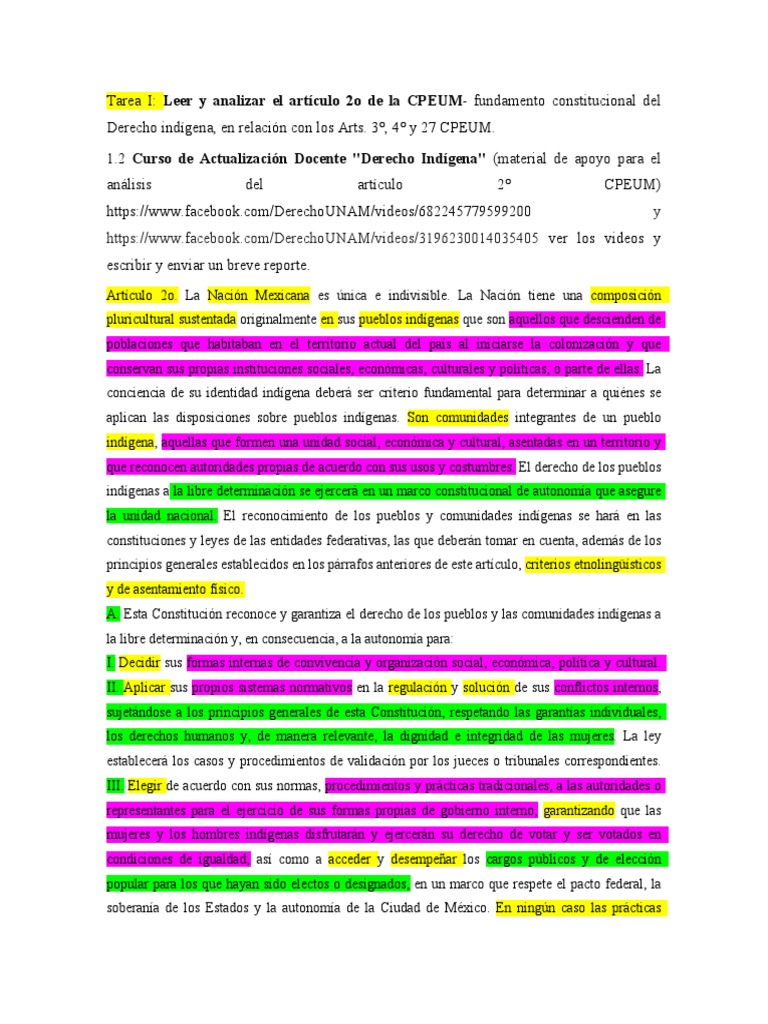 Tarea I: Leer y Analizar El Artículo 2o de La CPEUM-%2 | PDF | Constitución | Nación