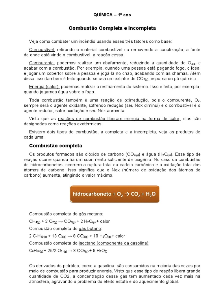 QUÍMICA - 1º ANO - Combustão Completa e Incompleta | PDF