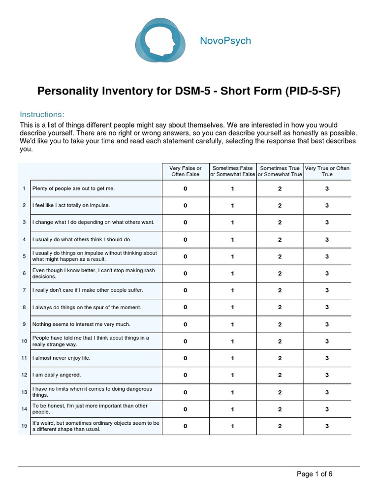 Personality Inventory For DSM-5 - Short Form (PID-5-SF) | PDF