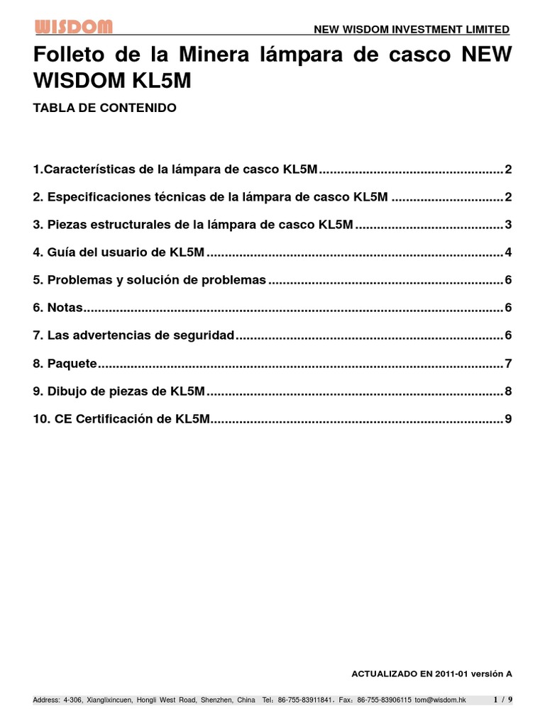 NEW WISDOM KL5M Miners Cap Lamp Booklet REV A1 | PDF | Diodo emisor de luz | Casco