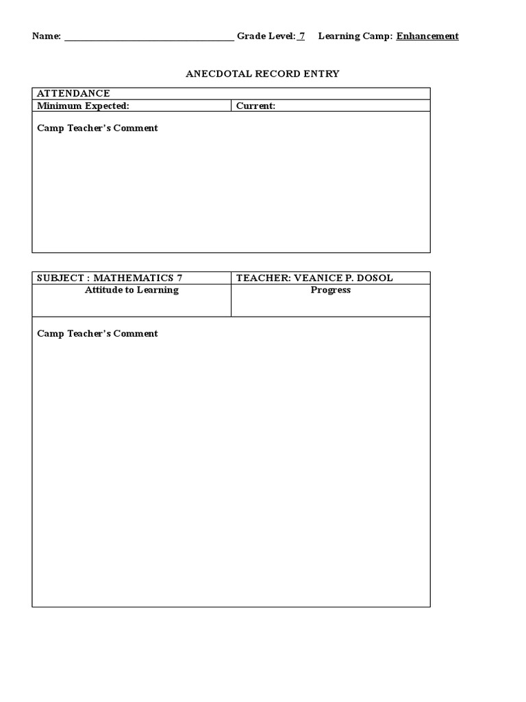 Free Anecdotal Notes Template for Teachers | PDF | Career & Growth ...