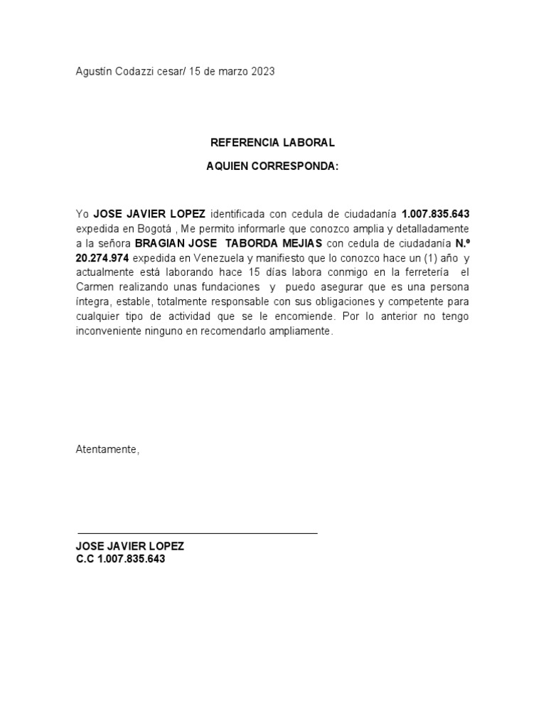 Carta de Referencia Laboral | PDF