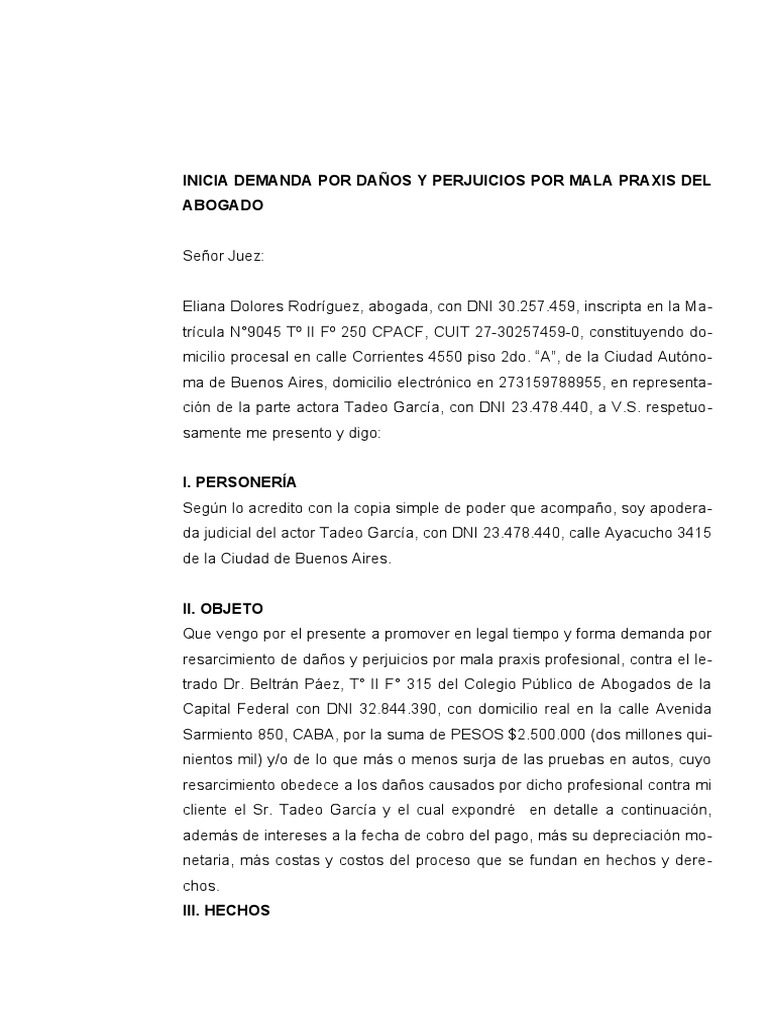 Demanda Por Mala Praxis Del Abogado Corregida | PDF | Demanda judicial | Gobierno