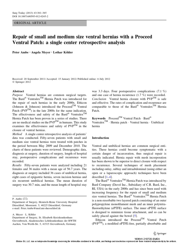 Repair of Small and Medium Size Ventral Hernias With A Proceed Ventral ...
