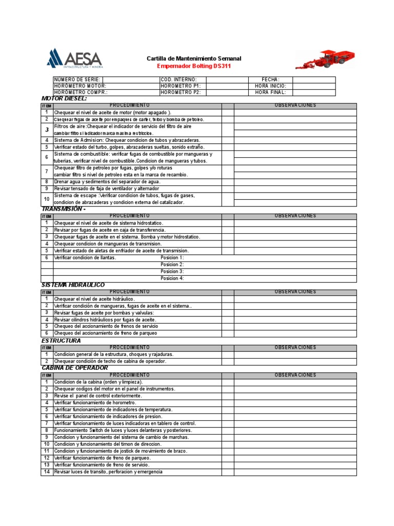 5. Cartillas de Check List y Mantto. DS 311 | PDF