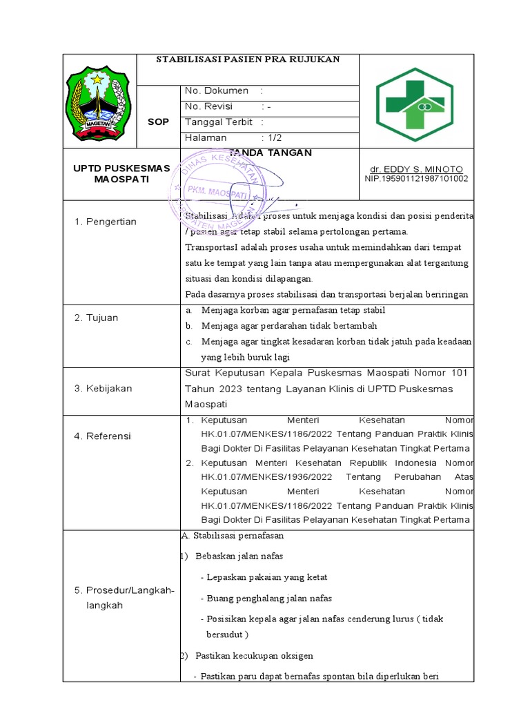 SOP Stabilisasi Pasien Pra Rujukan | PDF