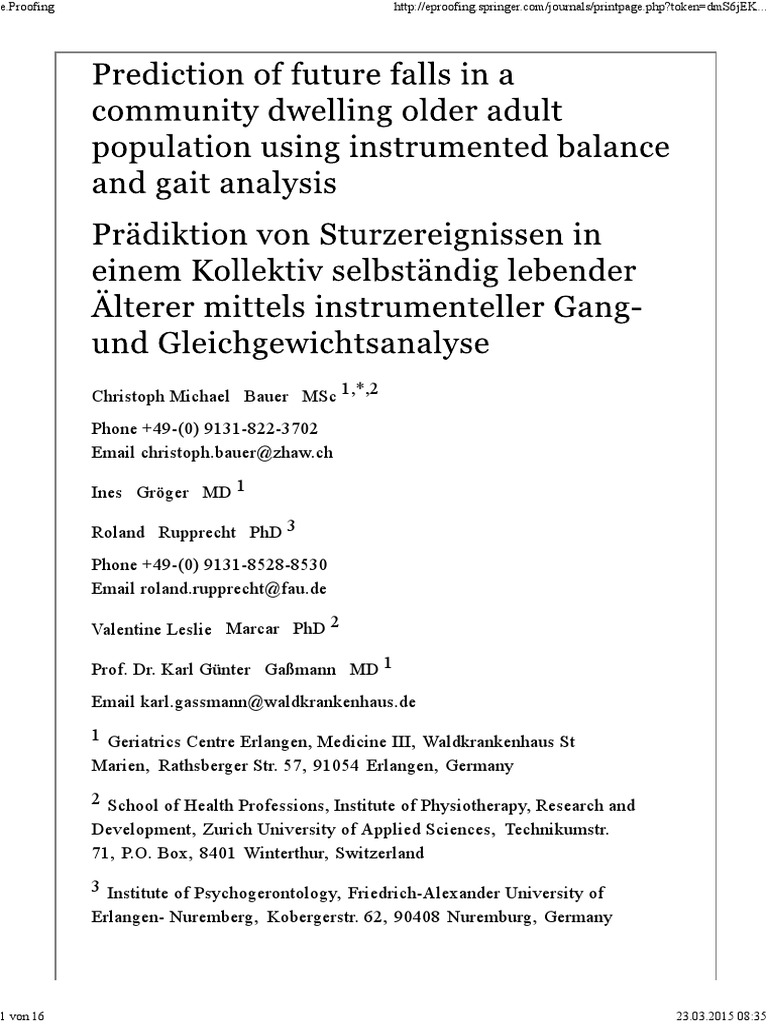 2016 Bauer Prediction of Future Falls in A Community | PDF | Balance ...