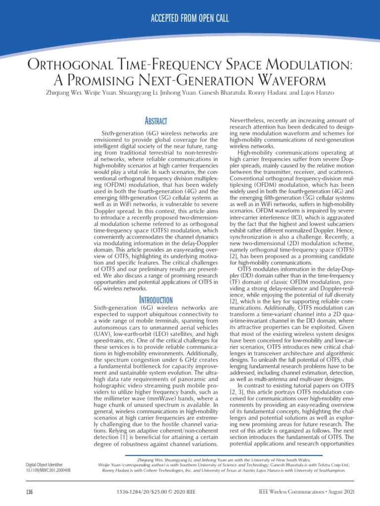Orthogonal Time Frequency Space Modulation A Promising Next Generation Pdf 