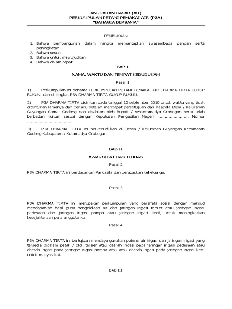 Anggaran-Dasar-Perkumpulan-Petani-Pemakai-Air 1 | PDF | Griya & Taman