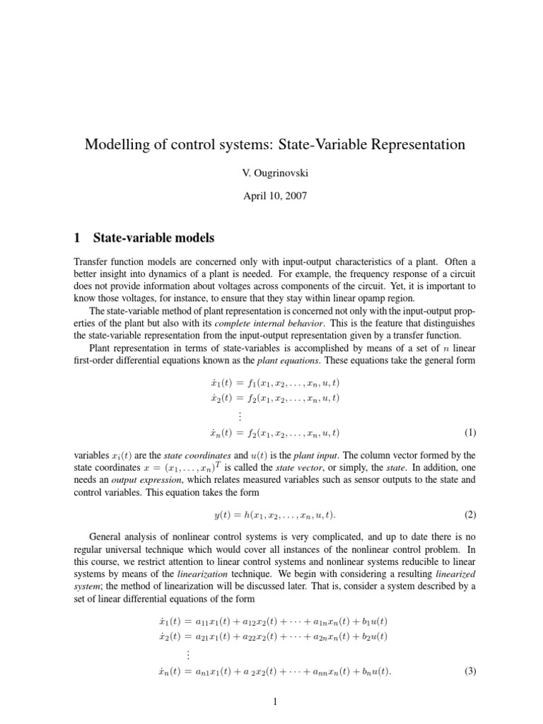 Modelling of Control Systems: State-Variable Representation | PDF ...