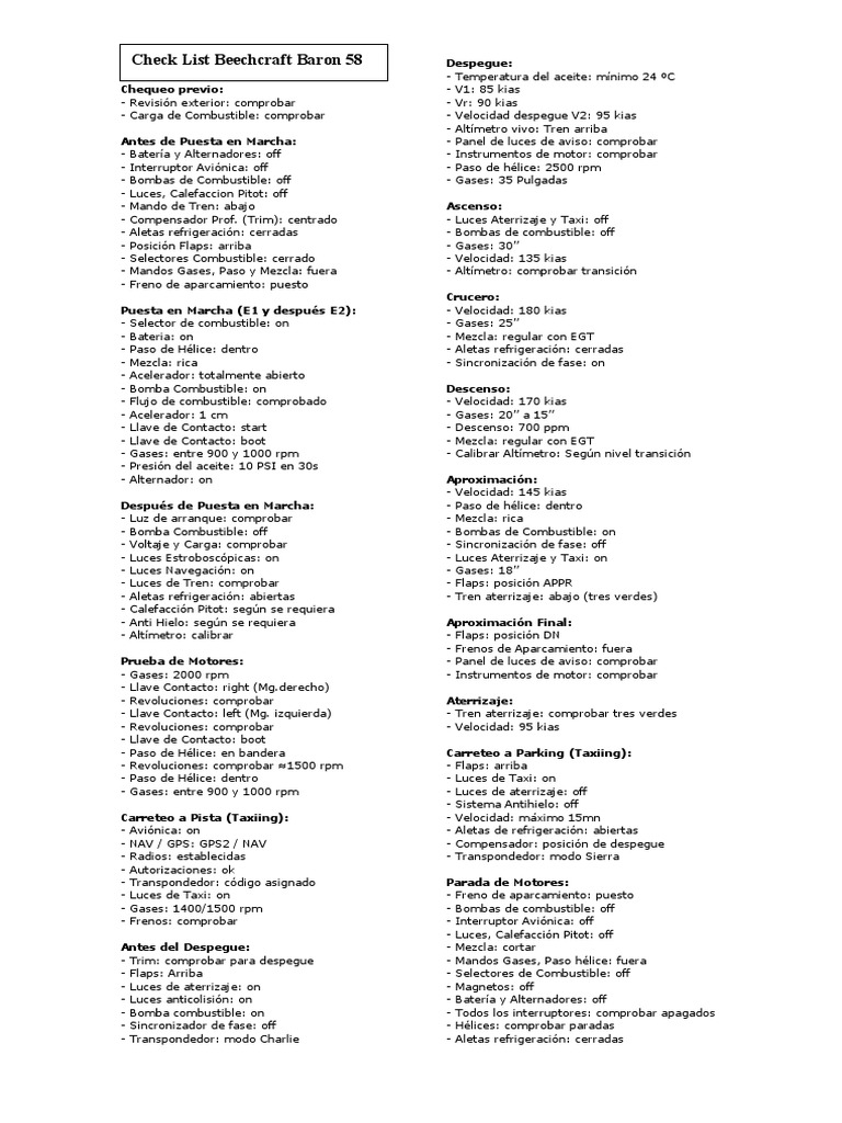 Beech Baron 58 Checklist | PDF | Quitarse | Aeronave