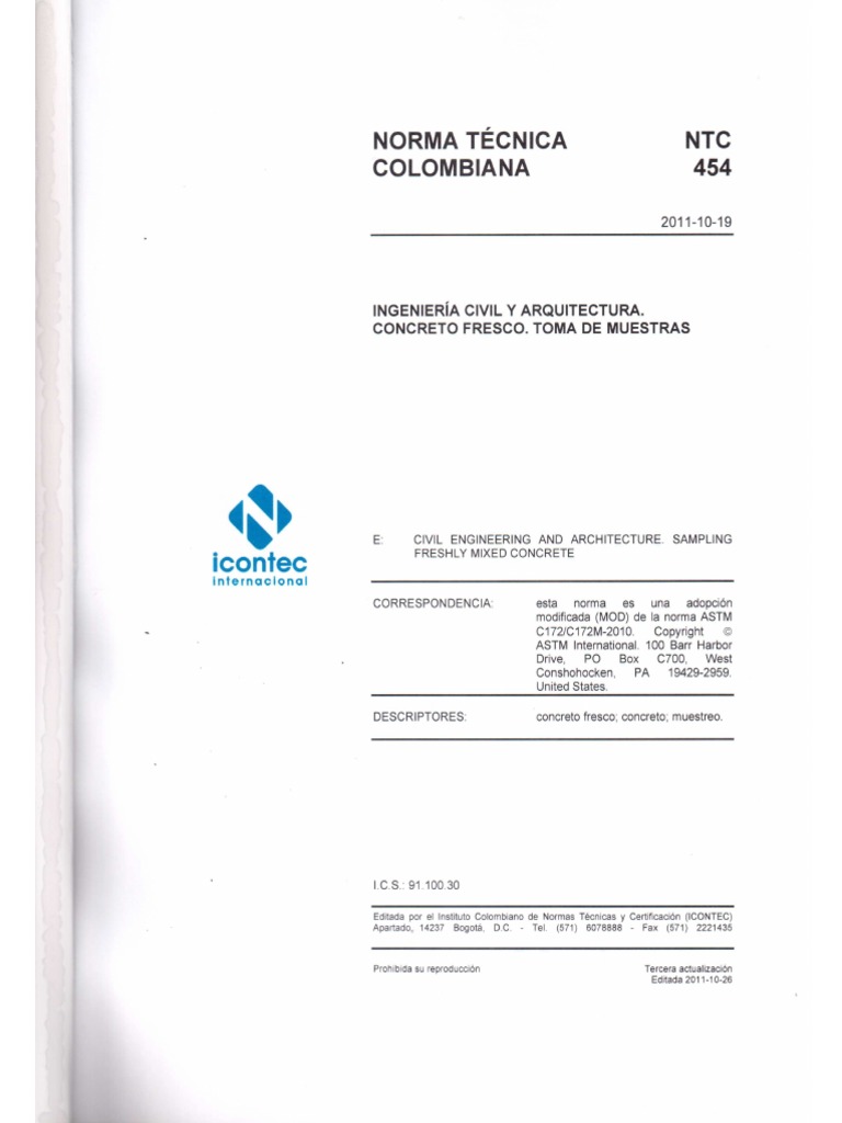 NTC 454 Concreto Fresco Toma de Muestras | PDF