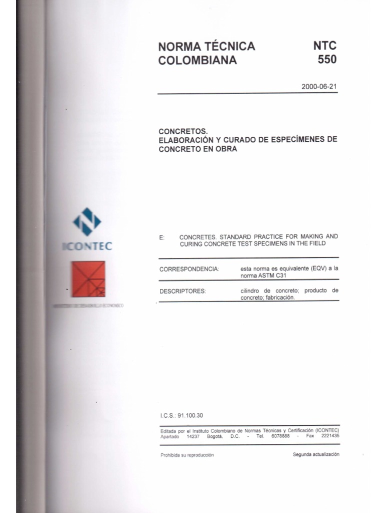 NTC 550 Elaboracion y Curado de Especimenes de Concreto en Obra | PDF