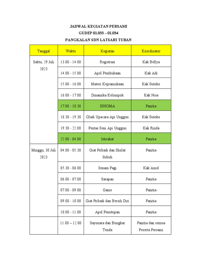 Jadwal Persami & Persari Latsari 2023 | PDF