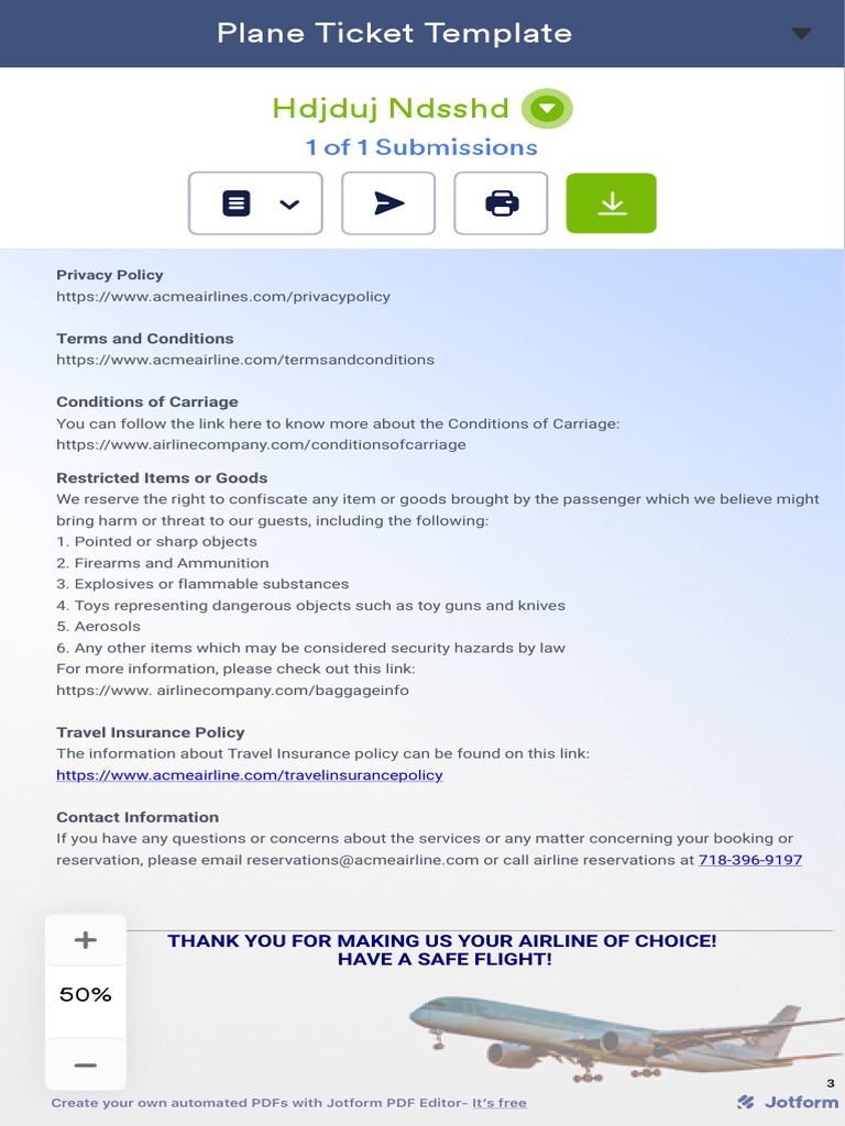 Plane Ticket Template - Jotform PDF Editor | PDF
