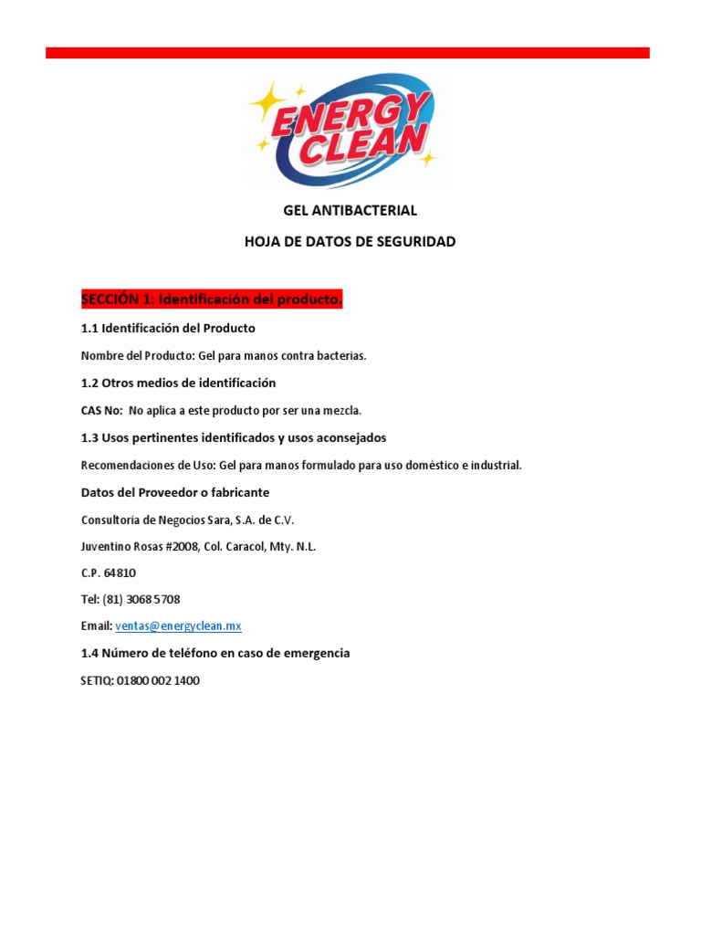 Hoja de Seguridad Gel Antibacterial | Descargar gratis PDF | Agua | Toxicidad